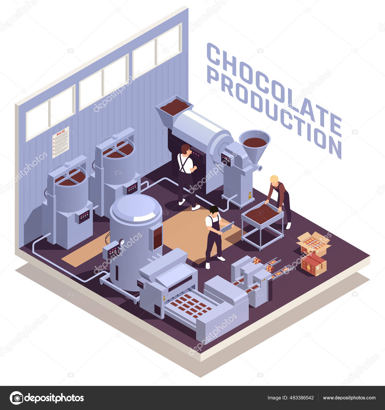 Producción de chocolate Vista isométrica Vector de stock por ...