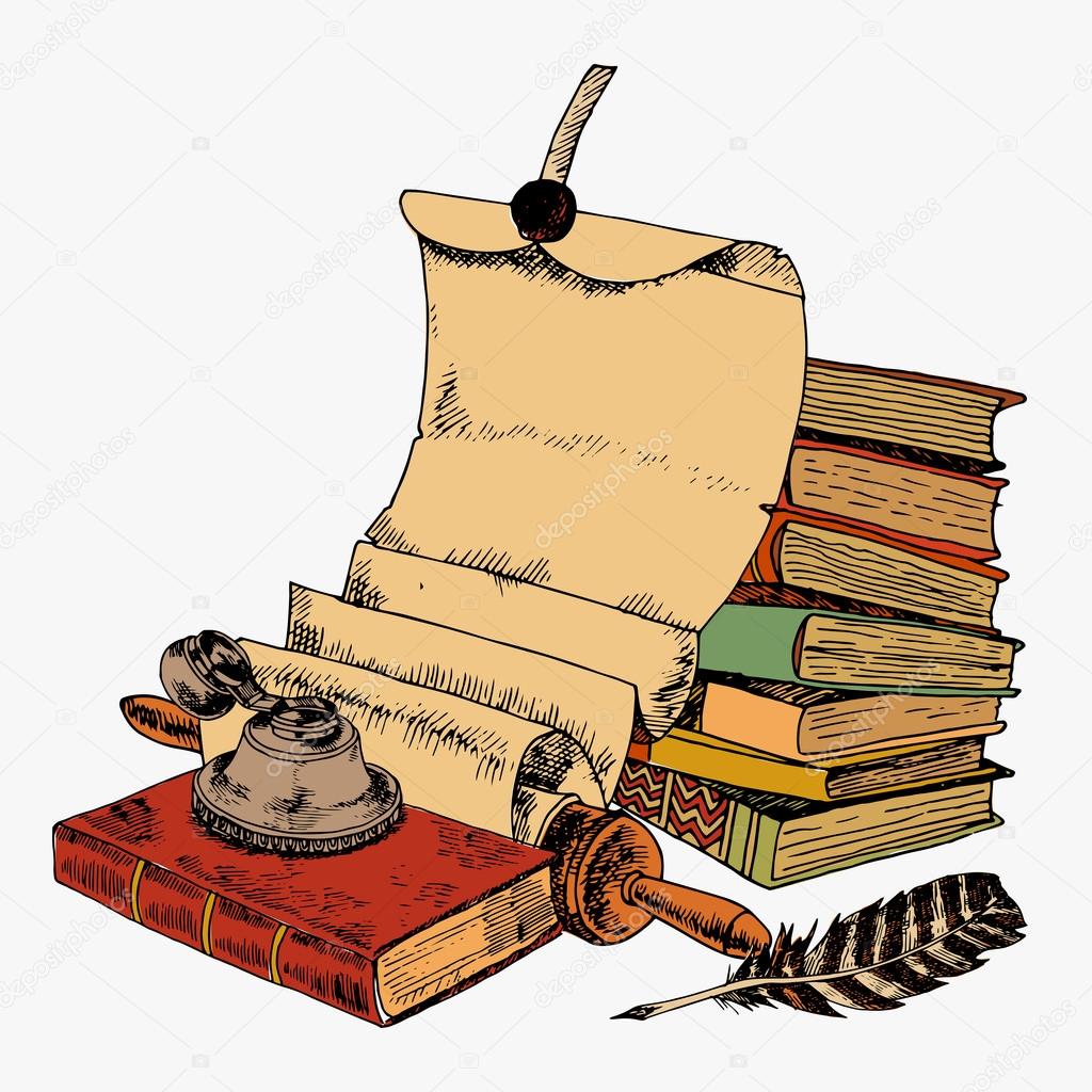 Paper scroll feather and books — Stock Vector © macrovector #56172085 Paper scroll feather and books — Stock Vector © macrovector #56172085