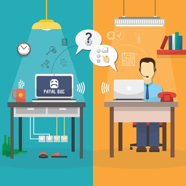 Man programmer back working on his PC computer. Programming and Coding. Office interior ...