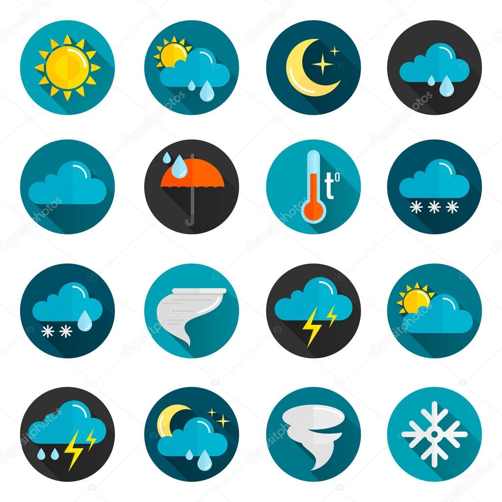 Conjunto de iconos planos clima — Vector de stock © macrovector #78371368