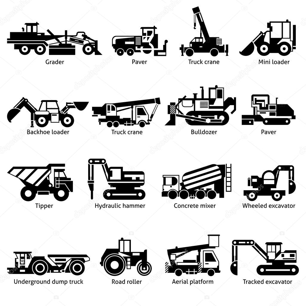 Construction Machines Black White Icons Set Stock Vector by ...