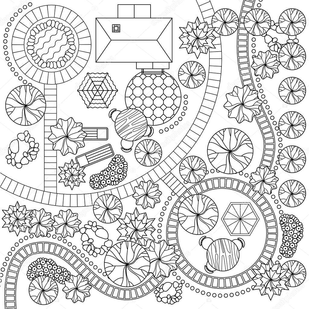 City landscape garden black line design — Stock Vector © macrovector ...