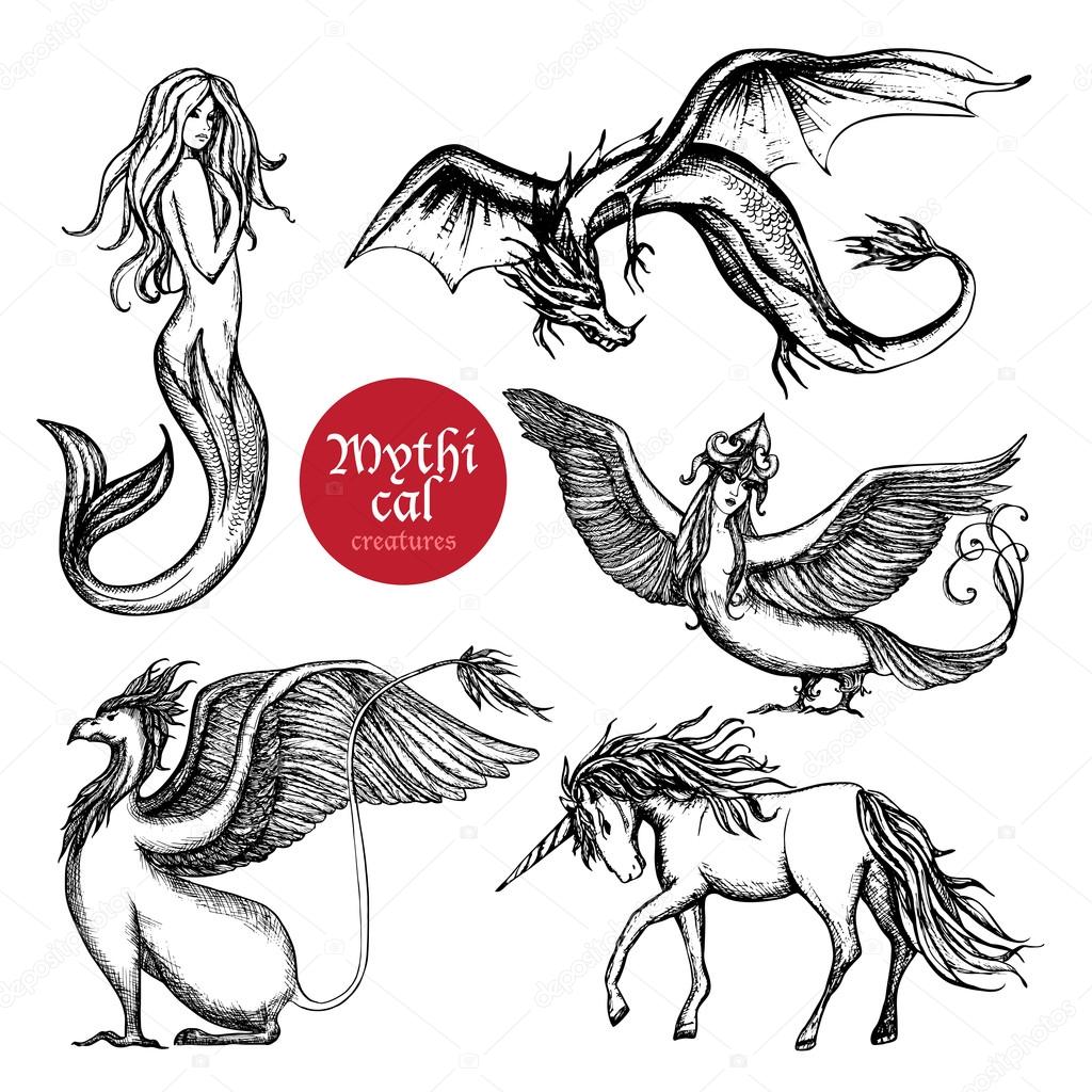 Mythical Creatures Hand Drawn Sketch Set Stock Vector Image by ... Mythical Creatures Hand Drawn Sketch Set Stock Vector Image by ...
