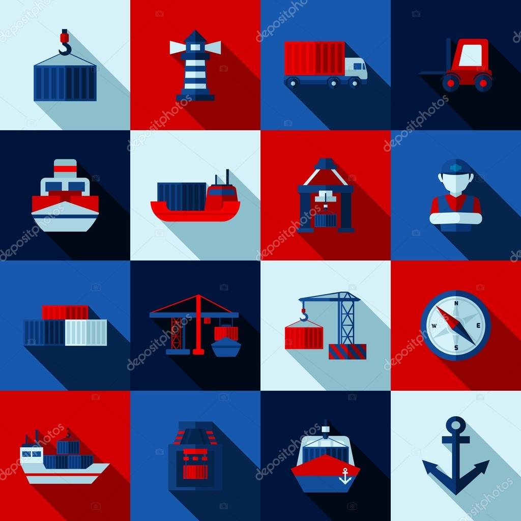 Seaport Color Flat Shadows Icons Set Stock Vector by ©macrovector 93120912