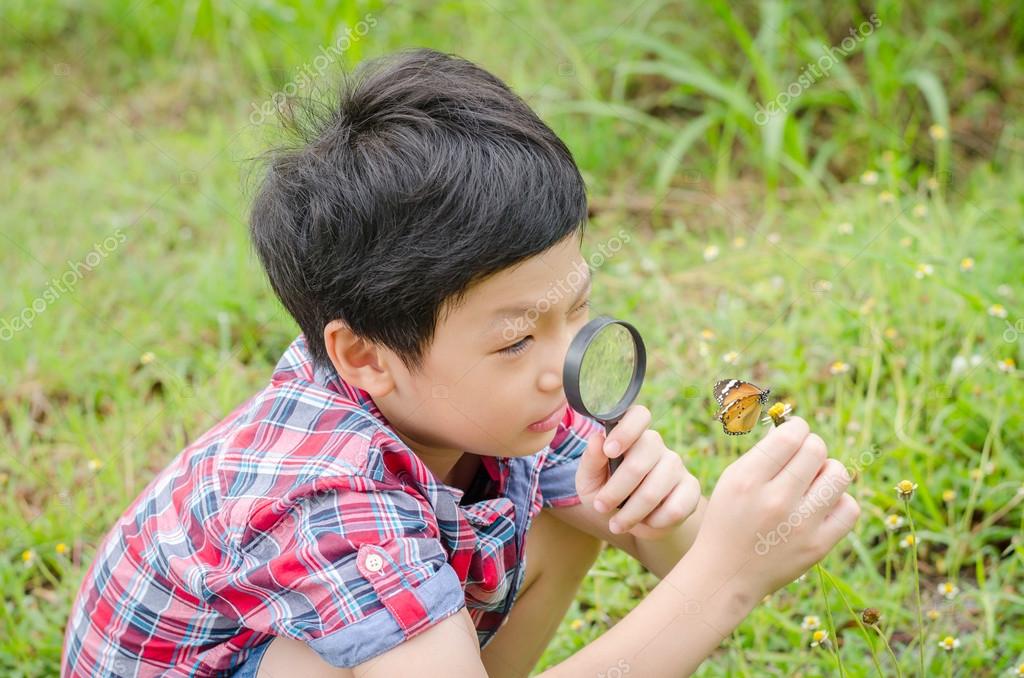muchacho con lupa para observar la mariposa — Foto de stock ...