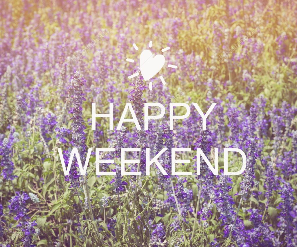 Happy weekend word on blurred flower background — Stock Photo ...