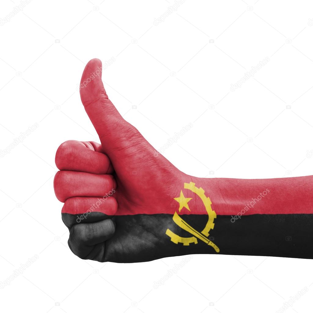 Mano con pulgar hacia arriba, bandera de Angola pintada como símbolo de ...