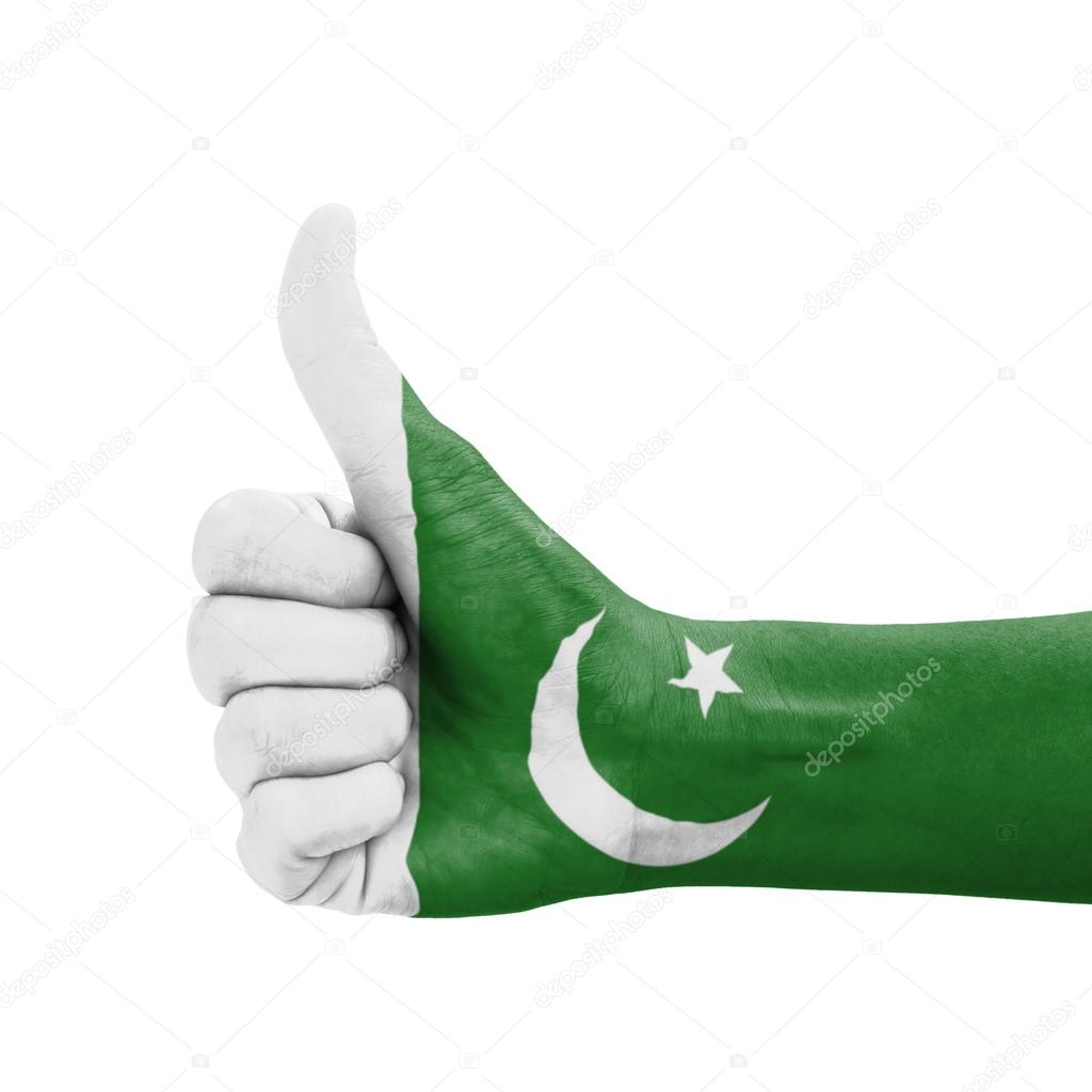 Hand with thumb up, Pakistan flag painted as symbol of excellenc ...