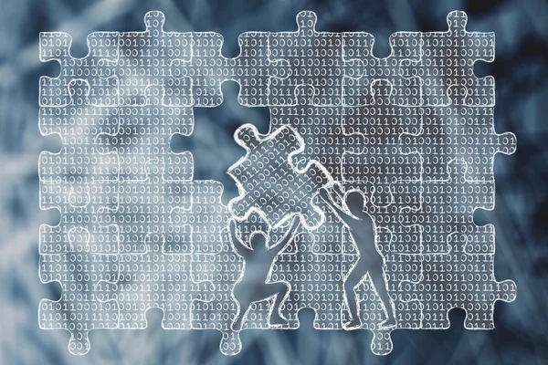 Men lifting piece of puzzle with binary code to fill a gap - Stock ...