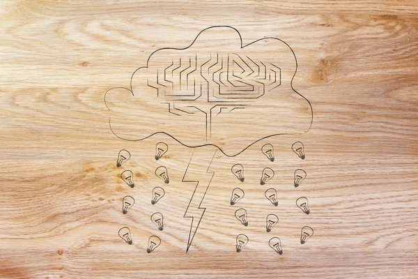 Stormy cloud with brain, bolt & rain of ideas - Stock Image - Everypixel
