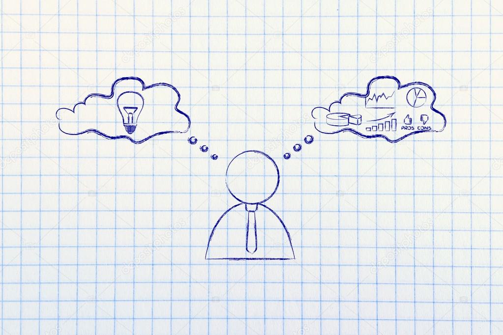 Creative vs critical thinking, businessman with thought bubbles — Stock ...