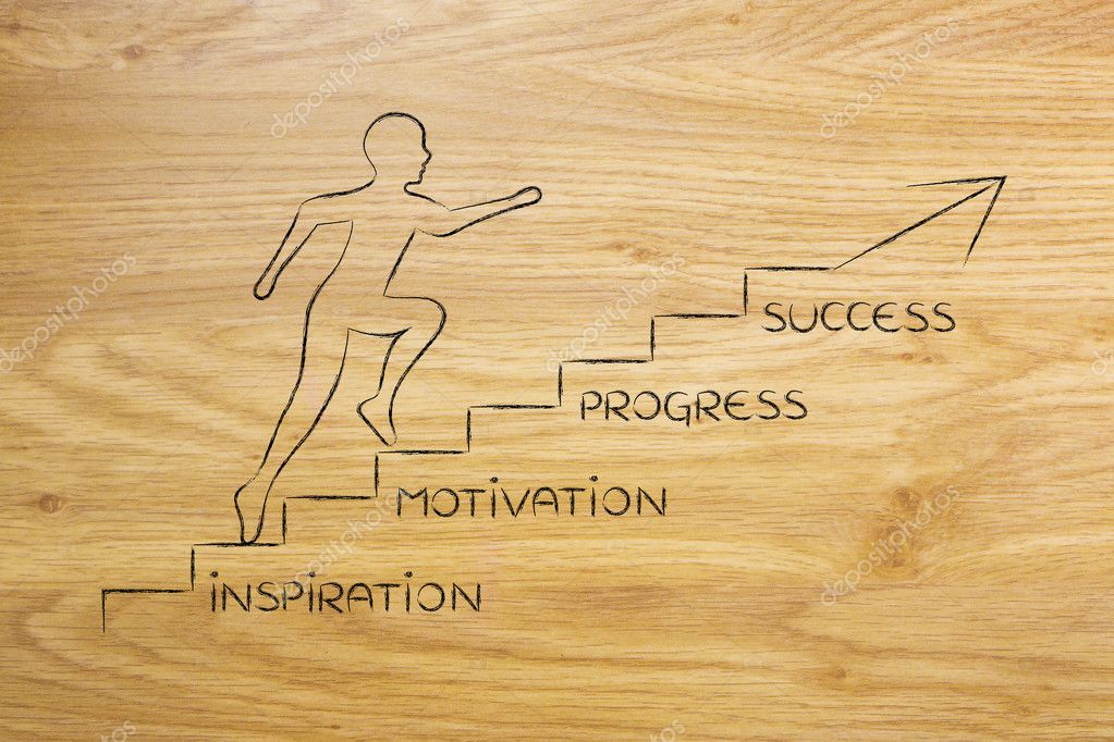 Steps to success: man climbing stairs with captions — Stock Photo ...