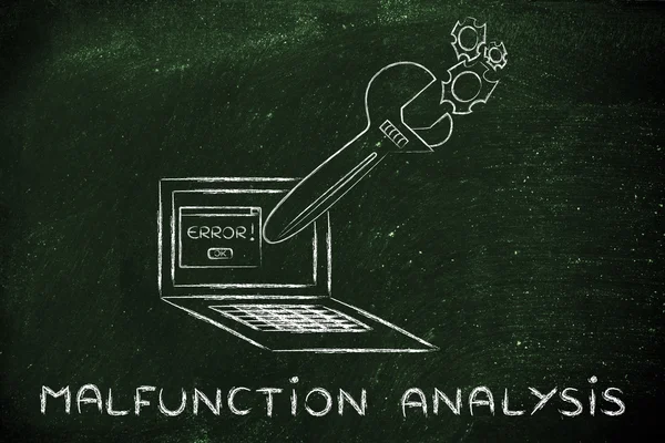 Oversized wrench fixing a computer, malfunction analysis - Stock Image ...