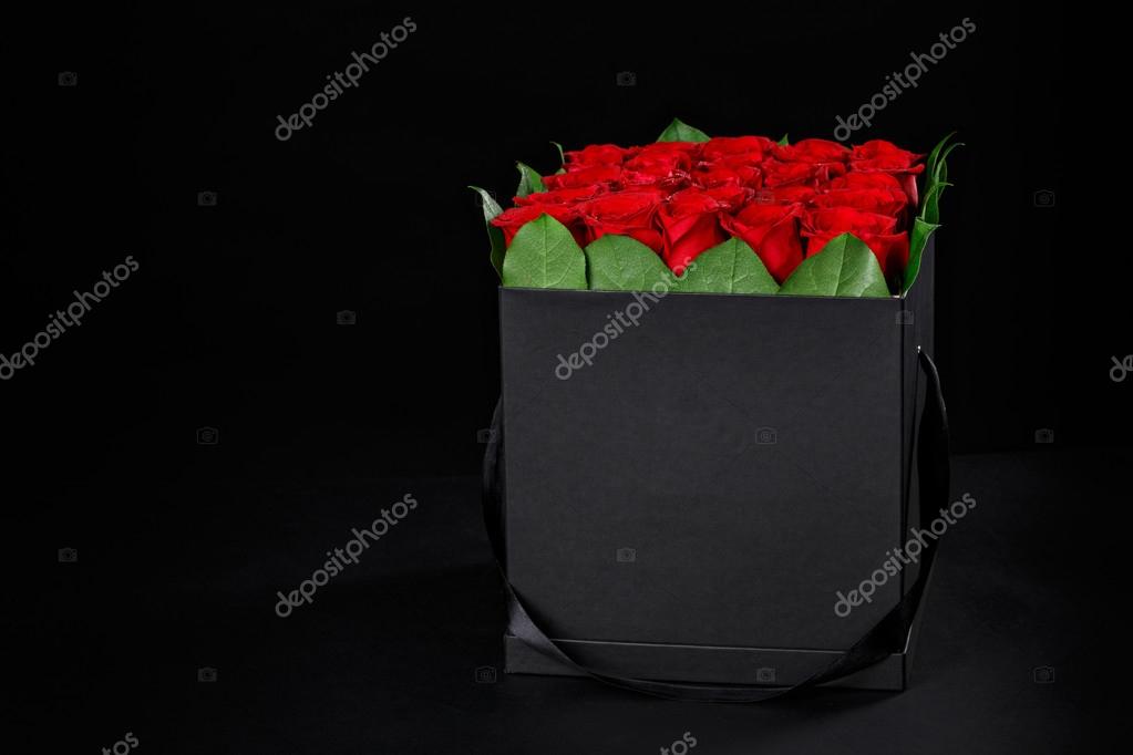 Red roses in a square black gift box on a black background, stud Stock ...