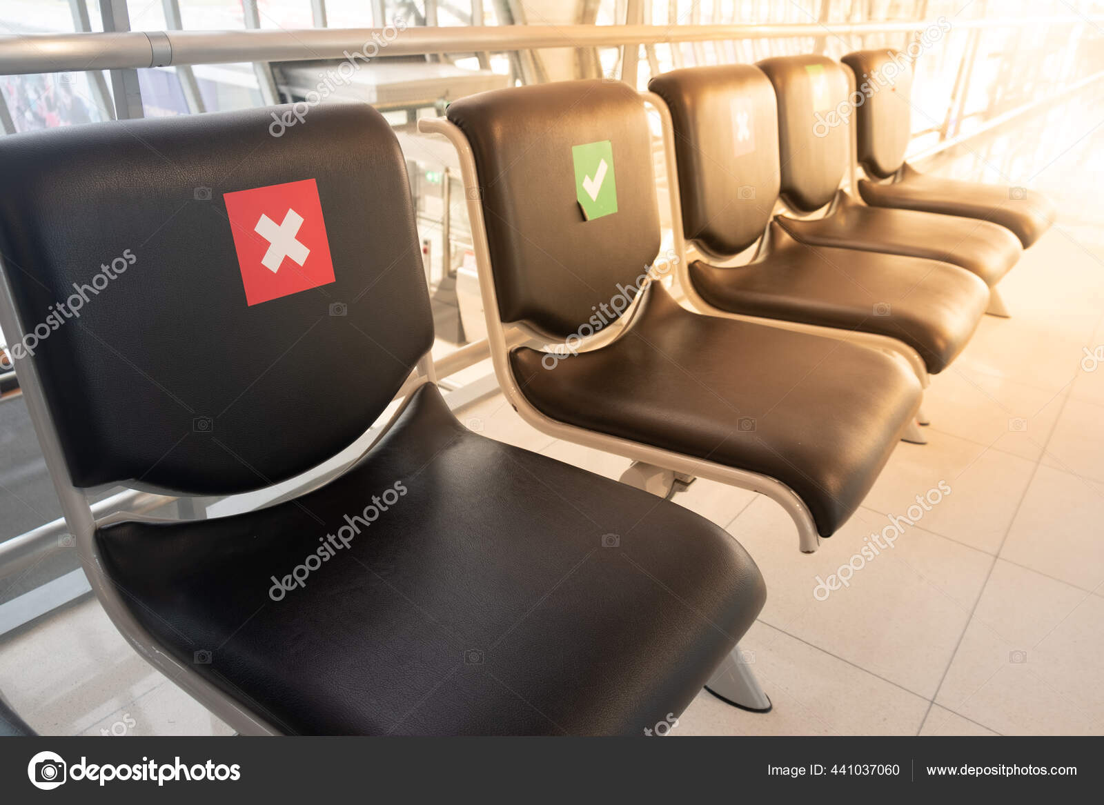 Rows Empty Chairs Airport's Departure Area Marked Symbols Social ...