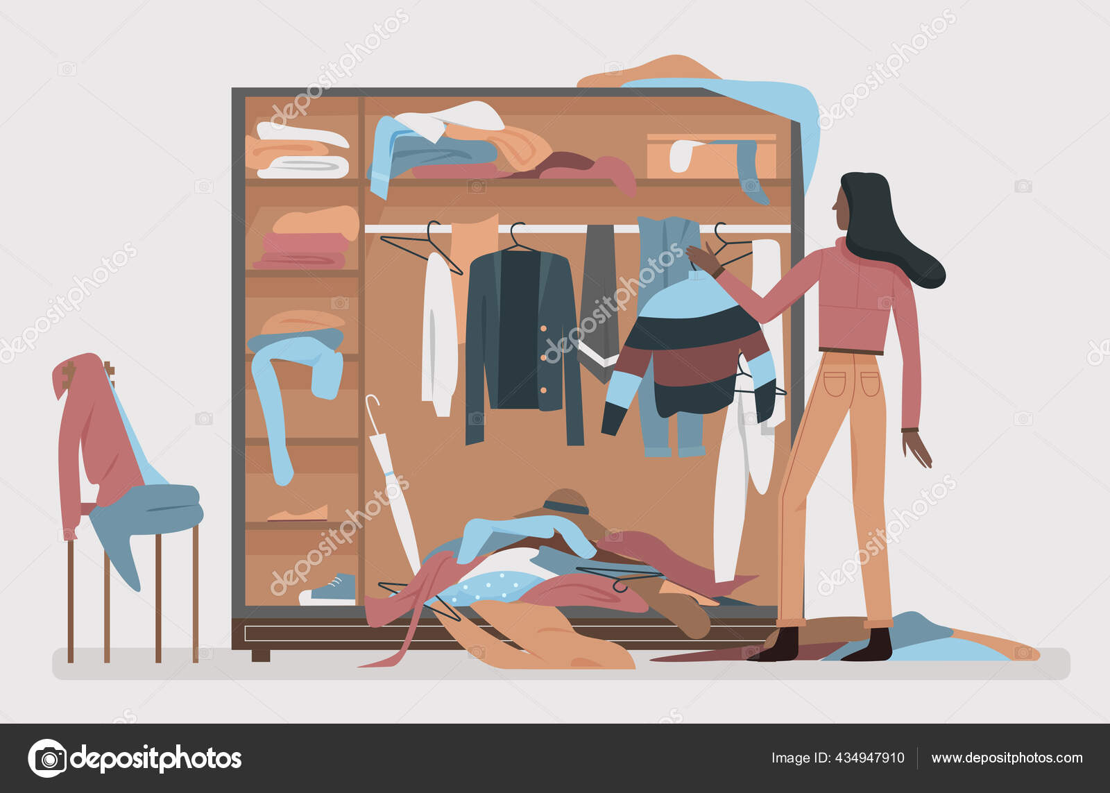 Messy closet, dressing home room interior with cartoon woman Stock ...