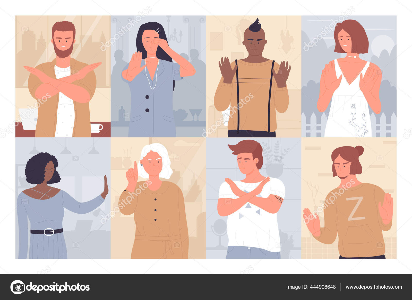 People showing stop hand gestures set, Cartoon man woman posing in ...