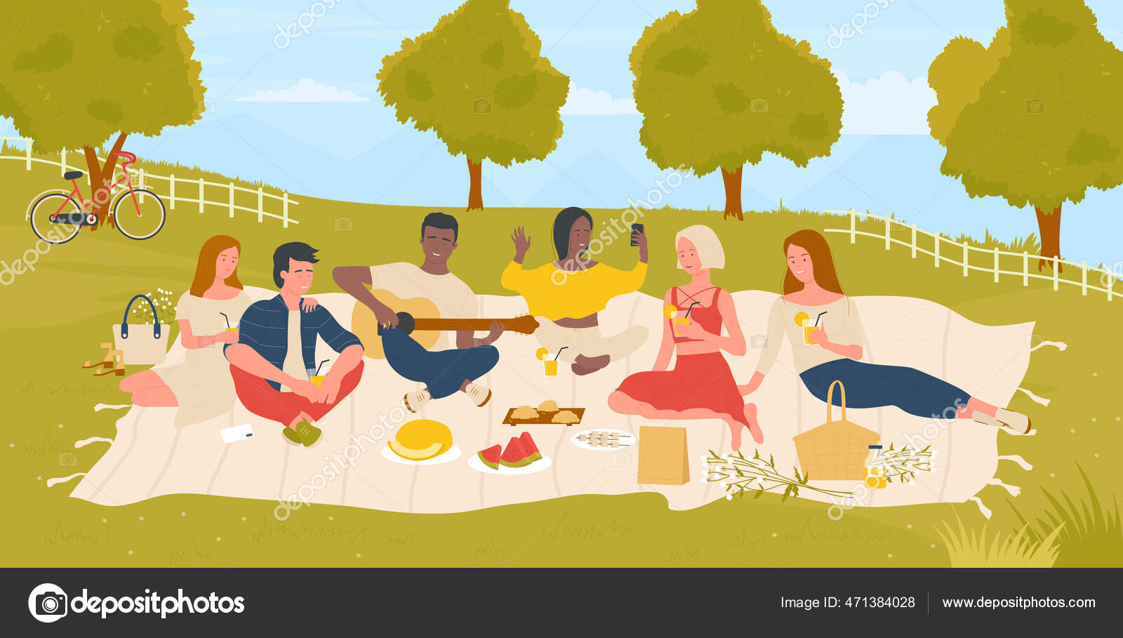 Young people students on picnic in summer nature green park, happy ...