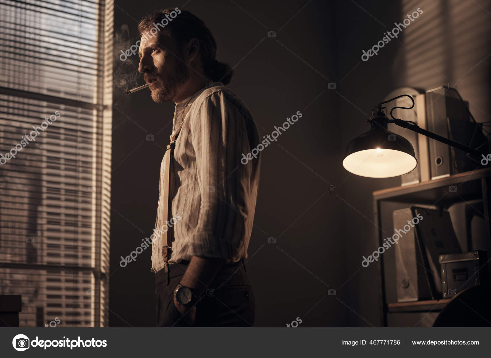 Scene Brutal Young Detective Standing Window Thoughtful Expression His ...