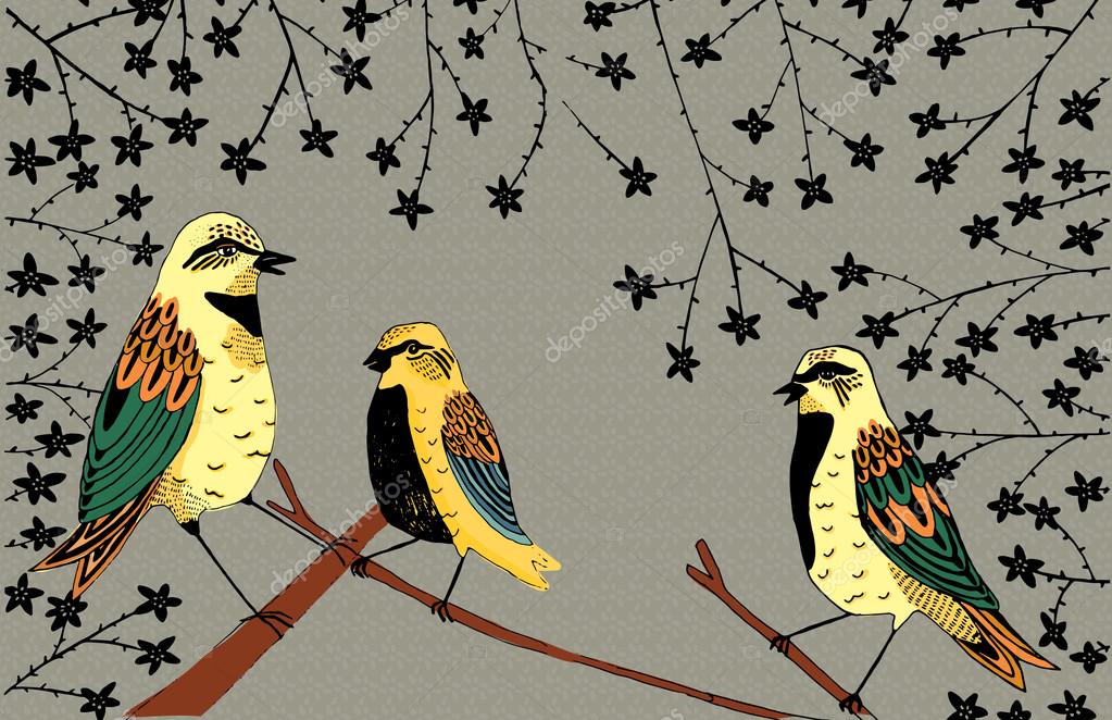 Vector Illustration of Three Birds Surrounded By Flowers Stock Vector ...