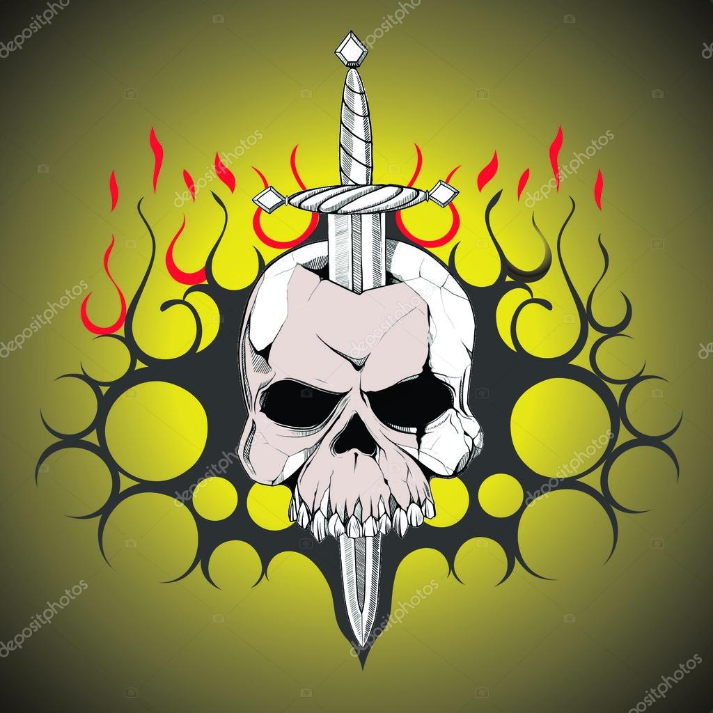 Calavera desenvainada a mano por una espada. El símbolo del día de los ...