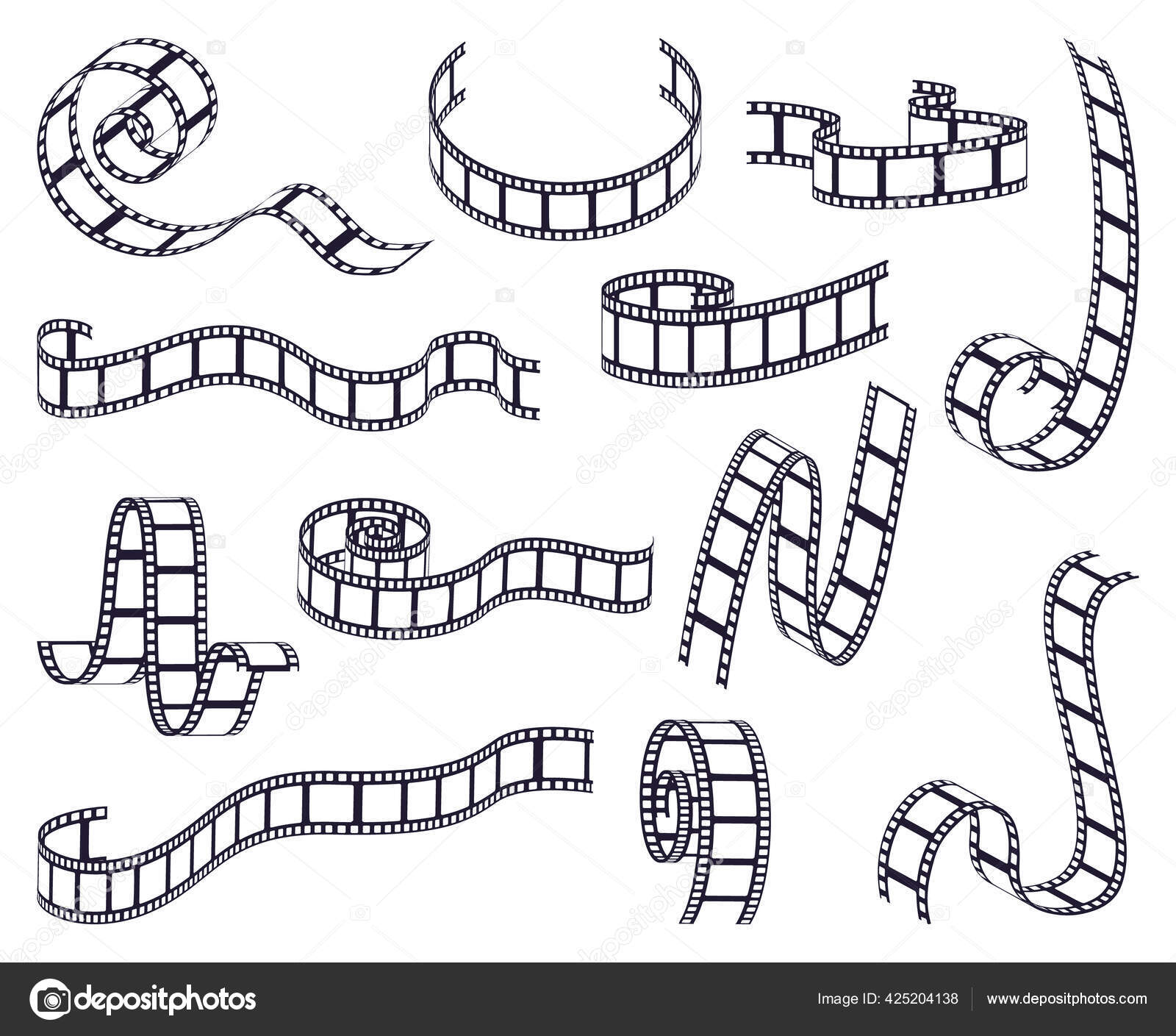 Curved film strip. Cinema monochrome movie or photo tape, strip roll ...