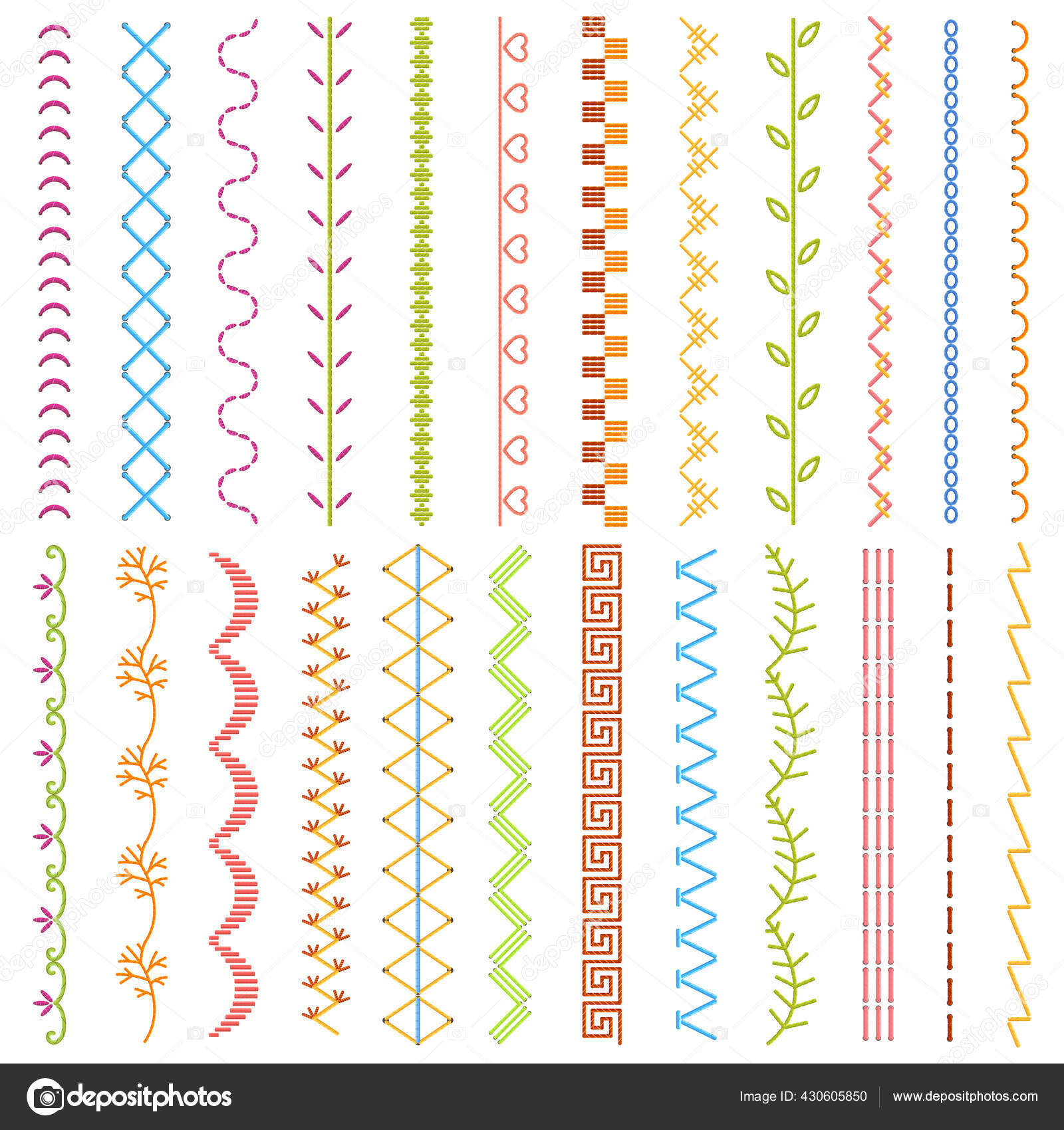 Sewing stitches. Embroidery stitches borders, detailed thread stitch ...