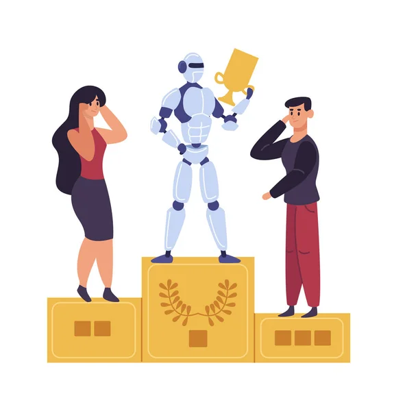 Competition with automation technology. Man and robot running to finish ...