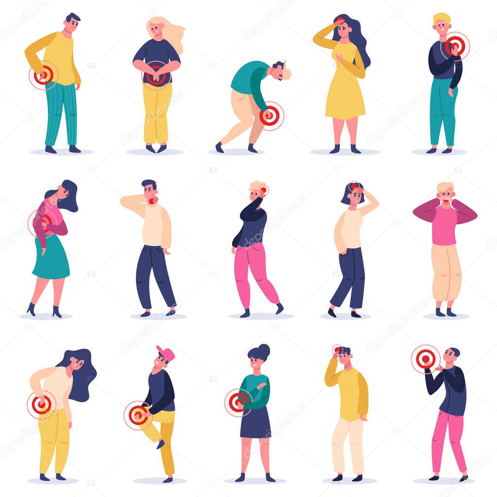 Gente con dolor. Sufriendo de dolor personajes masculinos y femeninos ...