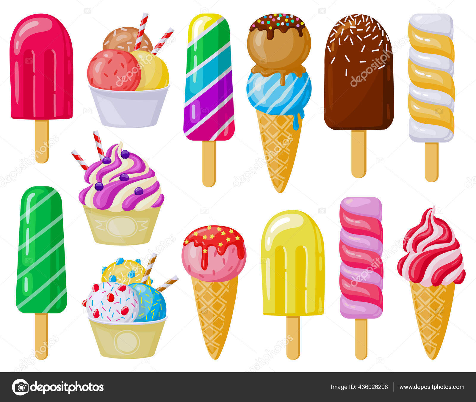 Helado de dibujos animados. Deliciosos conos de helado, hielo lolly ...