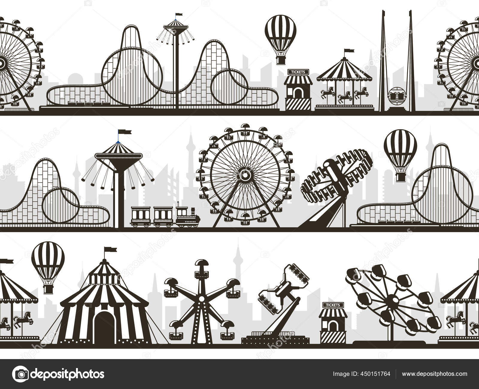 Amusement park views. Attractions park landscape silhouettes with ...