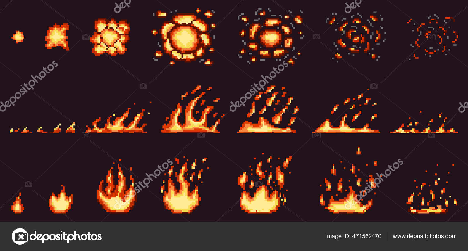 Animación Pixel Fire. Llama caliente roja, borde de fuego de efecto ...