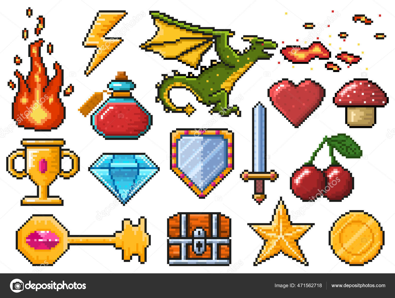 Pixel game elements. Games ui magic items, fire, trophy, coin, dragon ... Pixel game elements. Games ui magic items, fire, trophy, coin, dragon ...