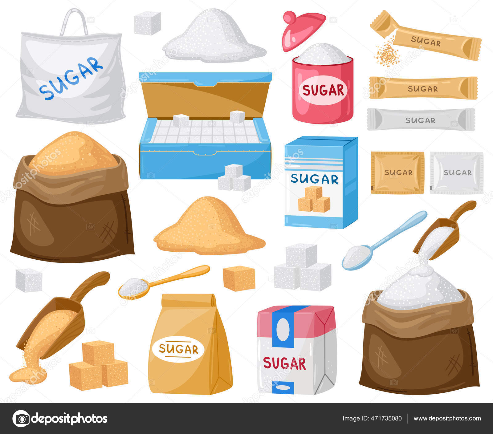 Cartoon sugar. Cube sugar, granulated and crystalline sugar, sugar in ...