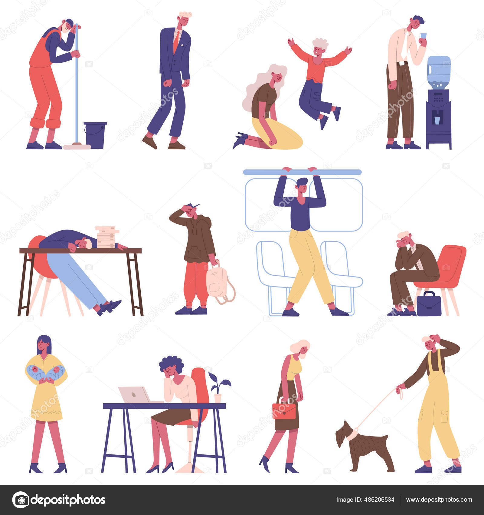 Tired people. Sleepy exhausted male and female characters, burnout ...