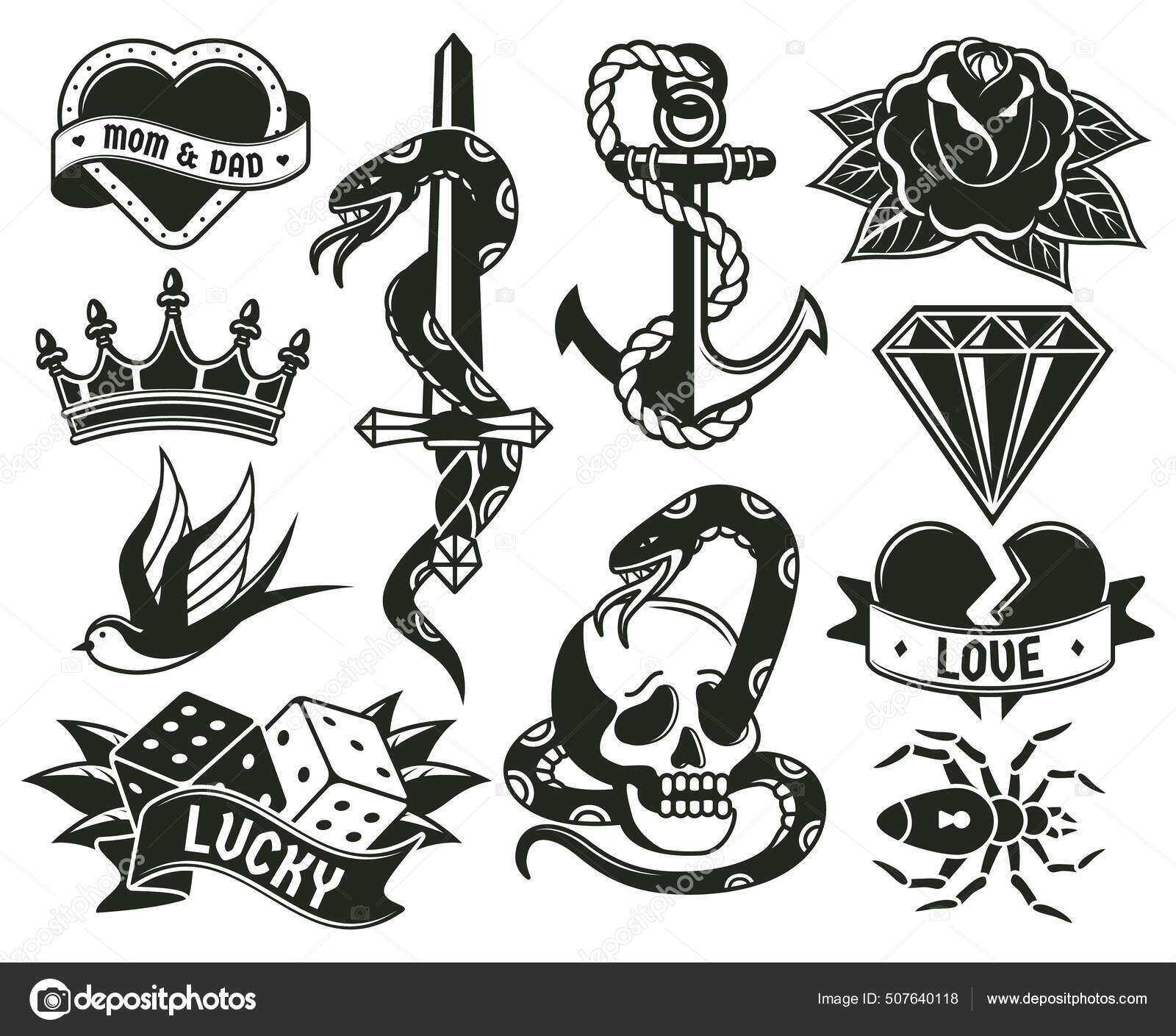 Old school tattoo symbols, heart, knife, knot, roses. Retro tattooing ...