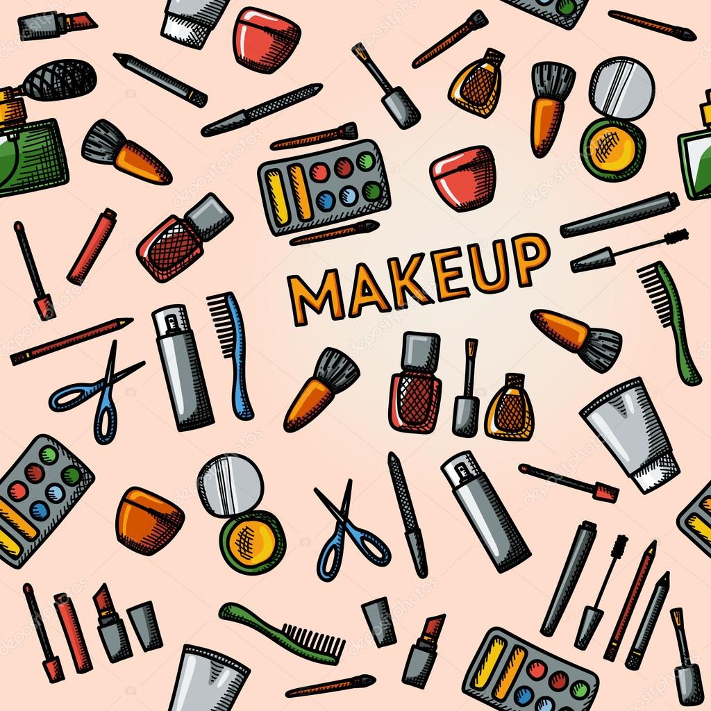 Color Hand Drawn Makeup Pattern Mascara Polish Powders Lipsticks Perfume Lotions Comb