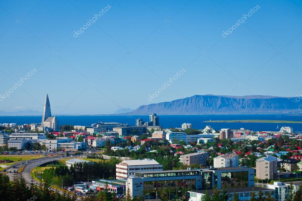 Beautiful super wide-angle aerial view of Reykjavik, Iceland with ...
