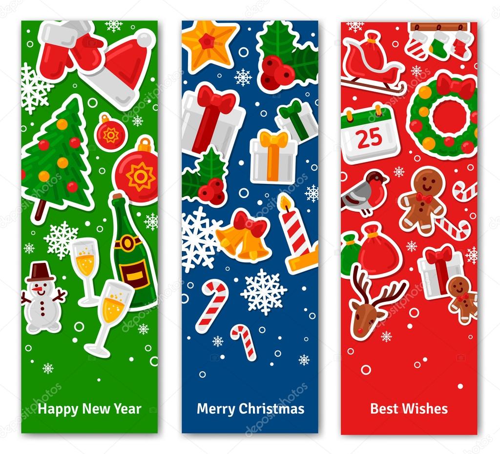 Merry Christmas Vertical Banners Set With Flat Sticker Icons. Stock ...