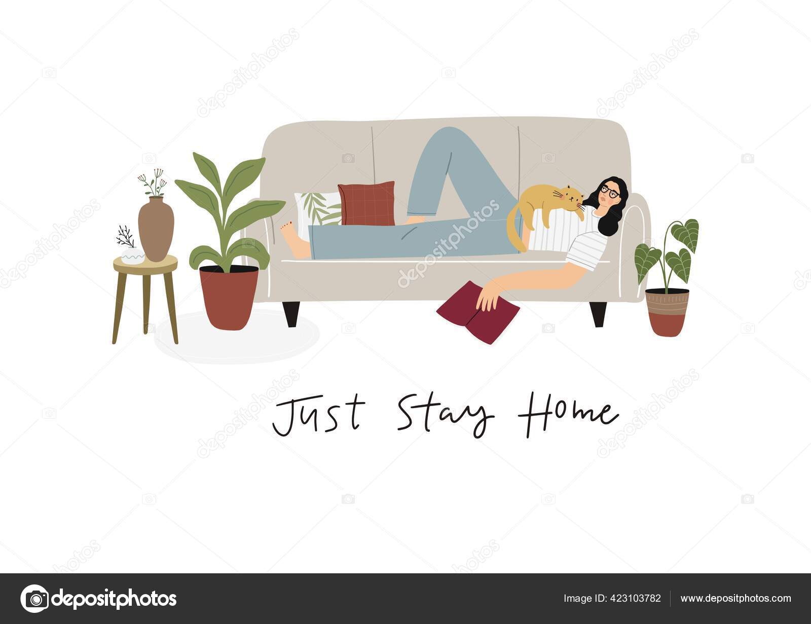 Vector Illustration Stay Home Theme Cartoon Art Woman Cat Book Stock ...