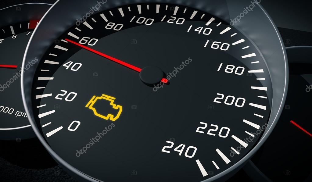 Engine malfunction warning light control in car dashboard. 3D rendered ...
