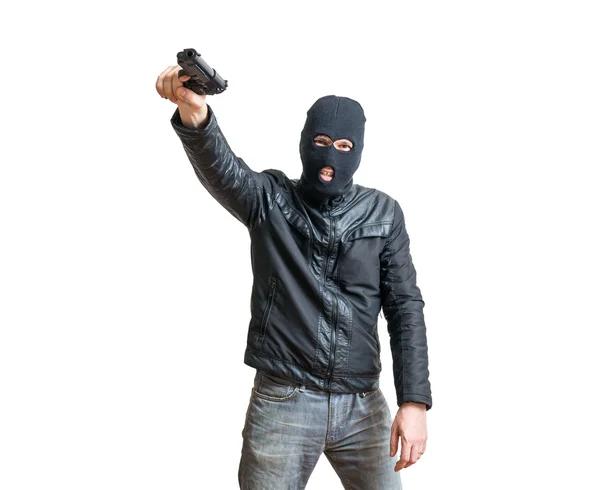 Arrested burglar or robber isolated on white background. Hand is aiming ...