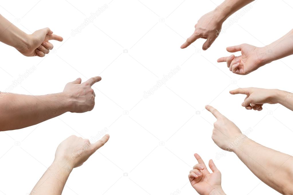 Many hands pointing ahead or out isolated on white background Stock ...