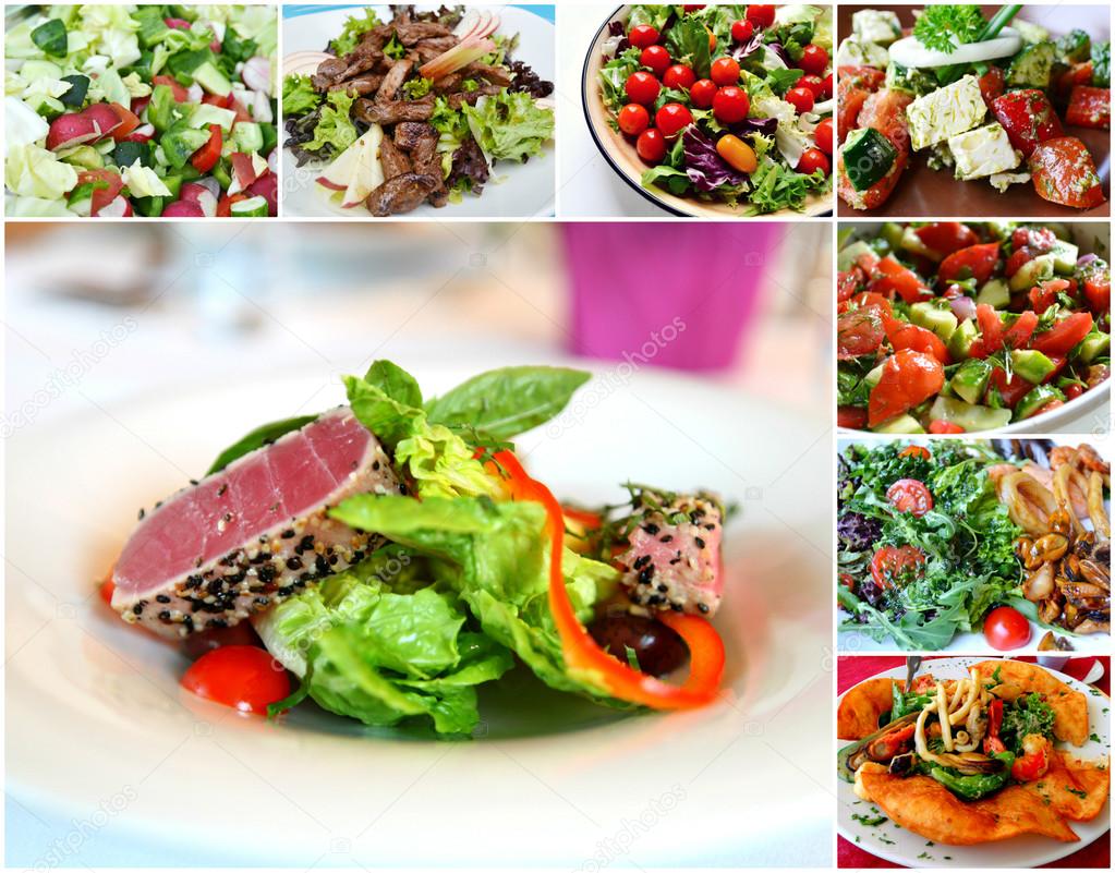 Collage de diferentes tipos de ensaladas - griego, césar y con mariscos ...