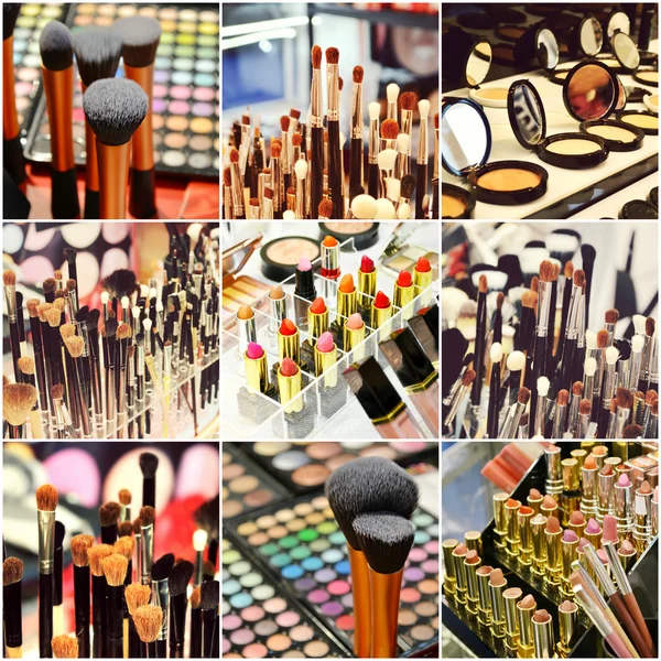 Collage of different cosmetic brushes for makeup and set of colorful ...