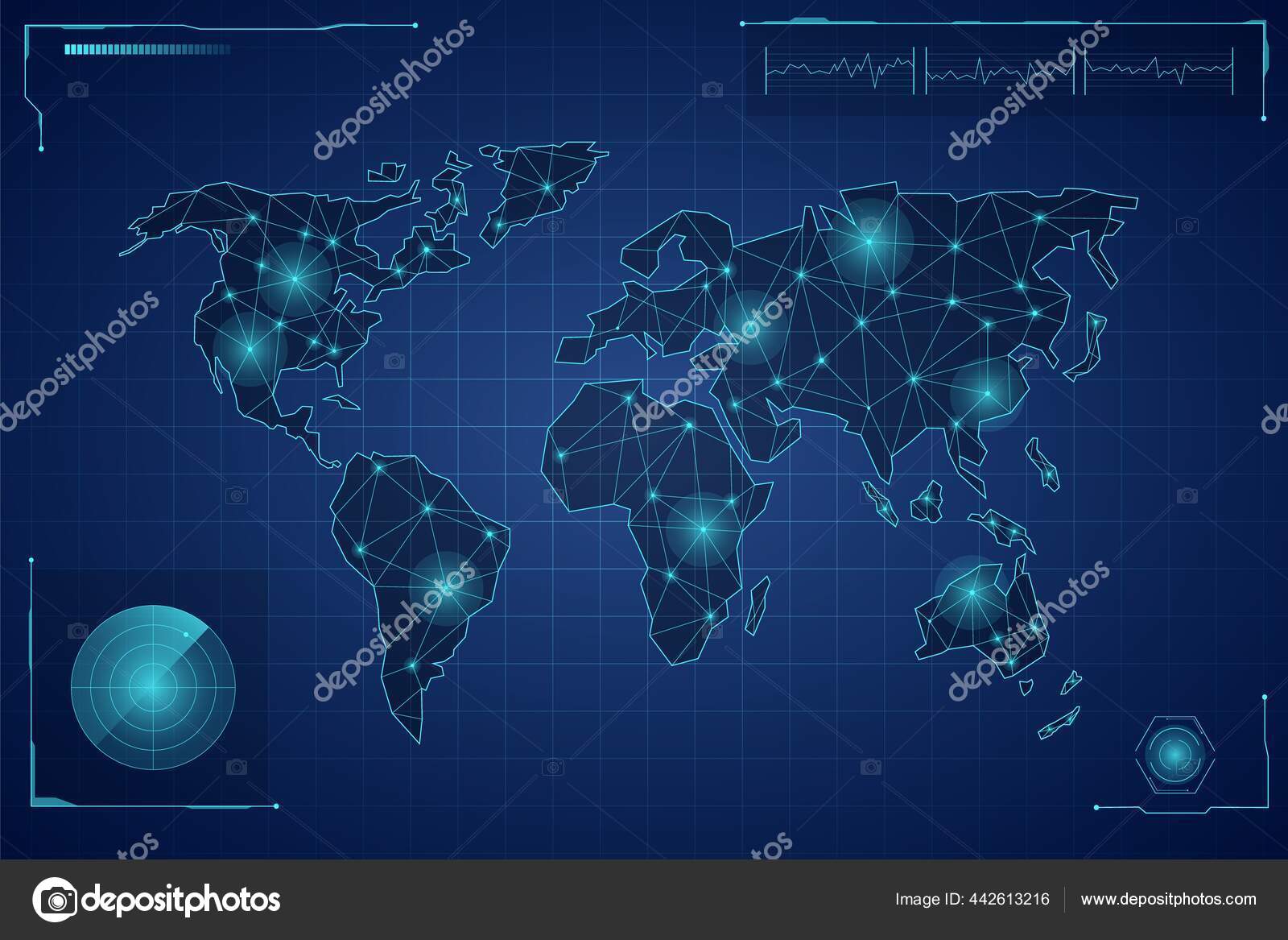 Techno world map. Digital continents with rays meredians and ocean grid ...