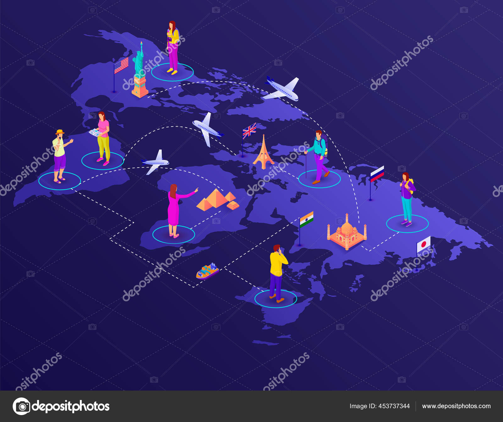 World map with routes and tourists isometric illustration. Travel to ...
