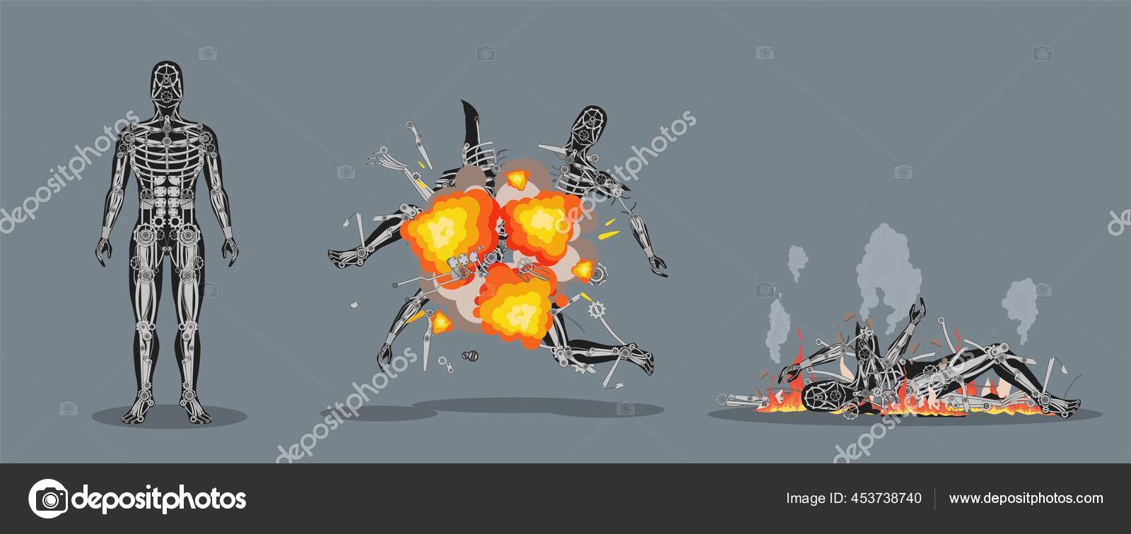 Exploding and burning cyborg clipart. Humanoid robot mechanical body ...