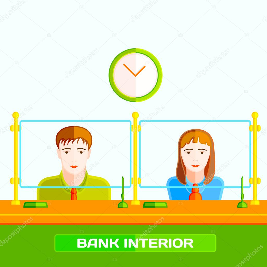 Bank clerks behind the counter. Flat style vector illustration. Stock ...