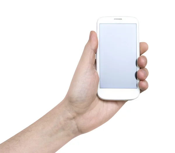 Hand holding smartphone on white background. Generic mobile smar ...